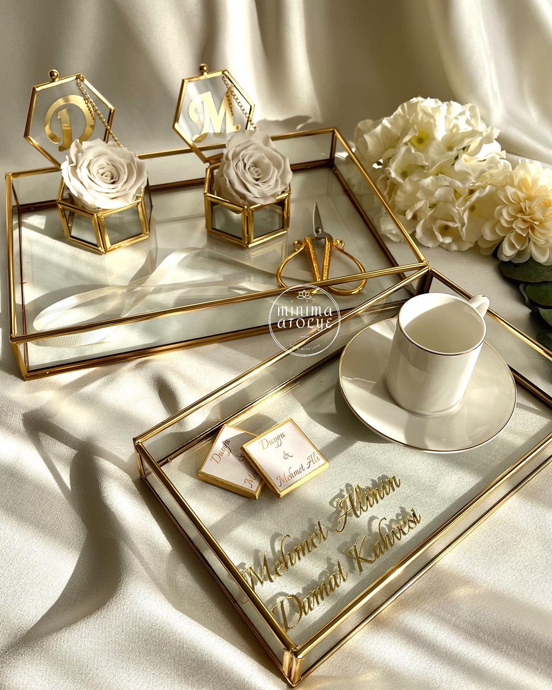 Personalized Gold Glass Tray Set Engagement Tray Gold Glass Luxury Tray Set Nikkah Tray Ring