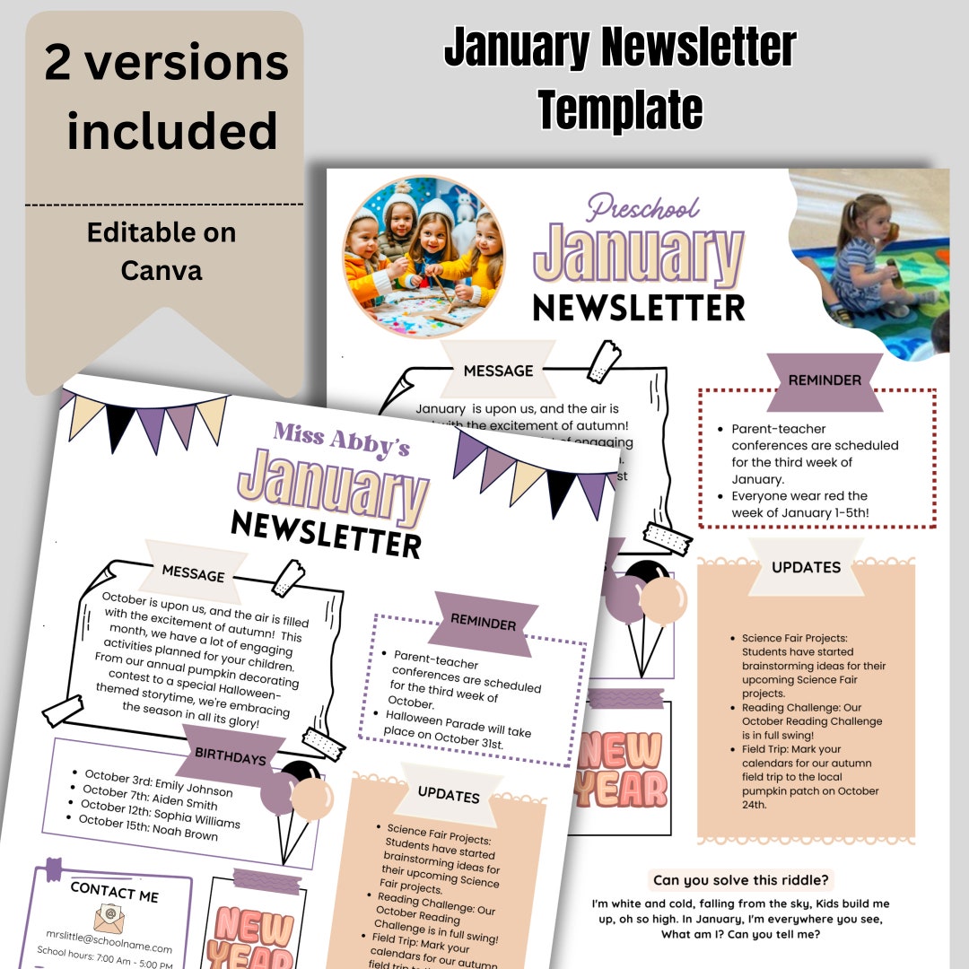 January Newsletter Template, Winter Newsletter, Teacher Template, PTO ...