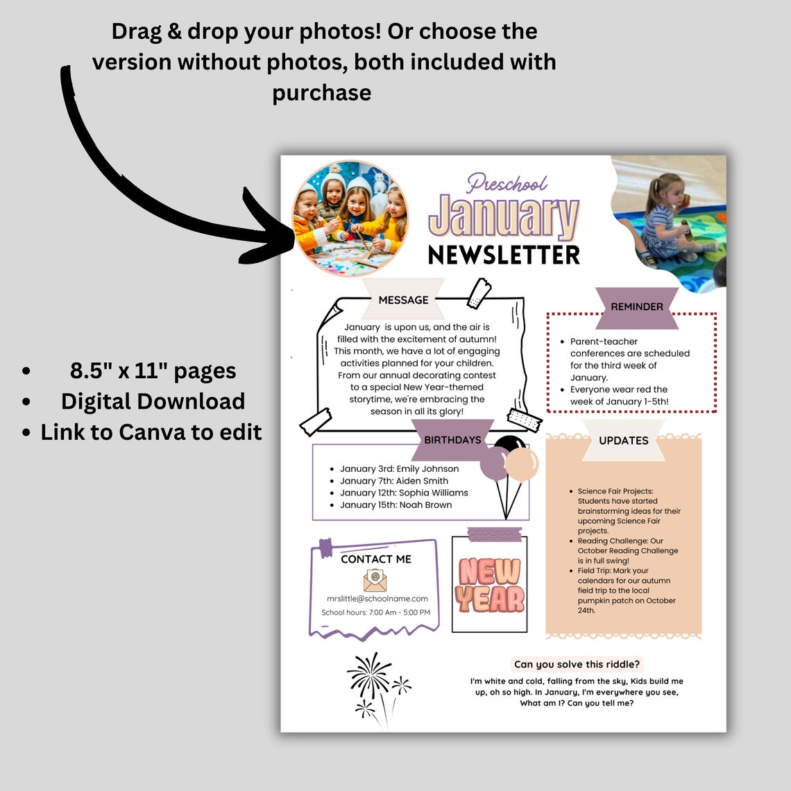 January Newsletter Template, Winter Newsletter, Teacher Template, PTO ...