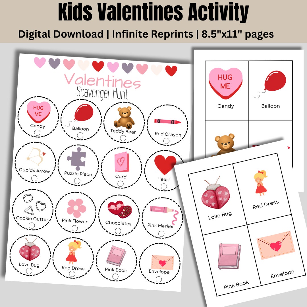 Valentines Scavenger Hunt for Kids, Preschool Activity, Valentines Game ...