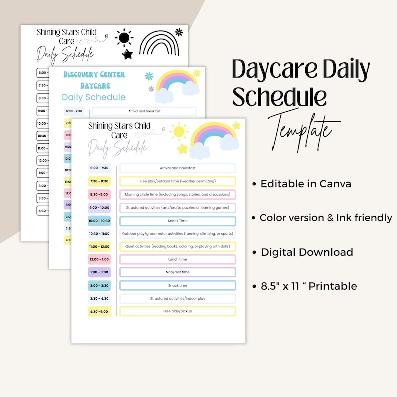 Daily Daycare Schedule Daycare Forms Class Schedule - Etsy