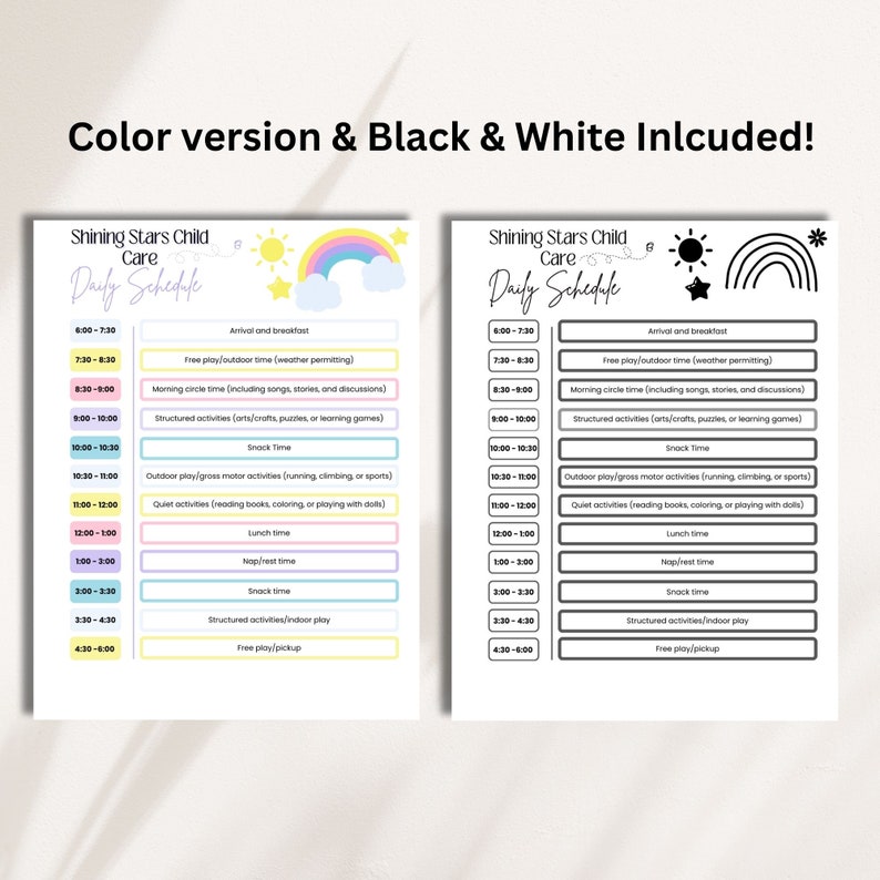 Daily Daycare Schedule Daycare Forms Class Schedule - Etsy