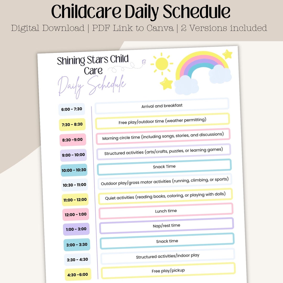 Daily Daycare Schedule Daycare Forms Class Schedule - Etsy