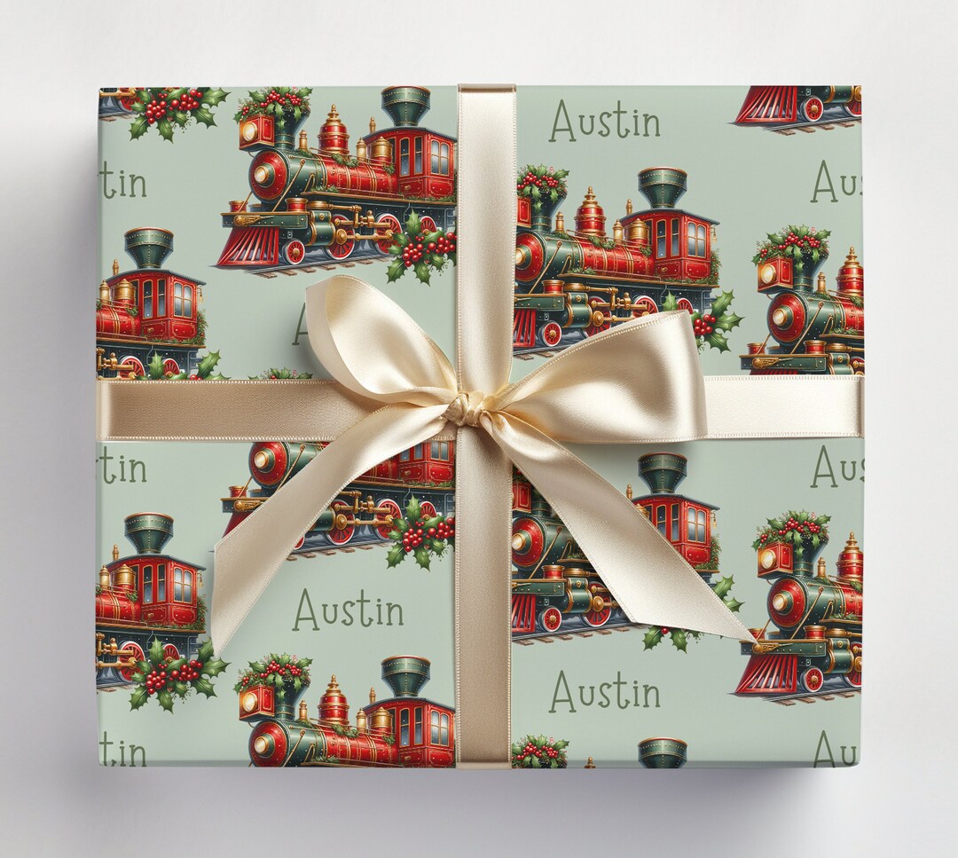 Red and Green Christmas Train Personalized Wrapping Paper Personalized ...