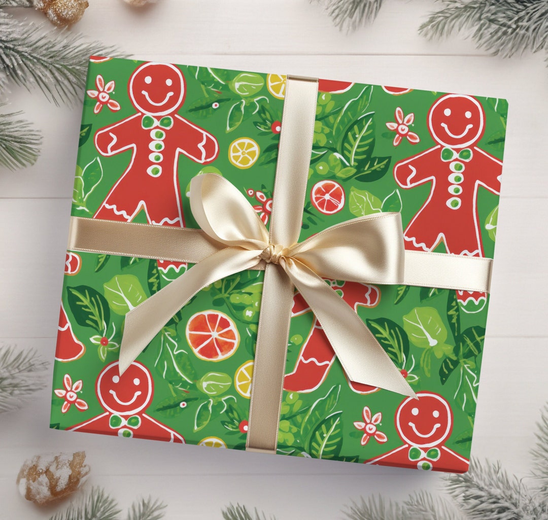 Preppy Gingerbread Man and Fruit Christmas Wrapping Paper Xmas Gift ...