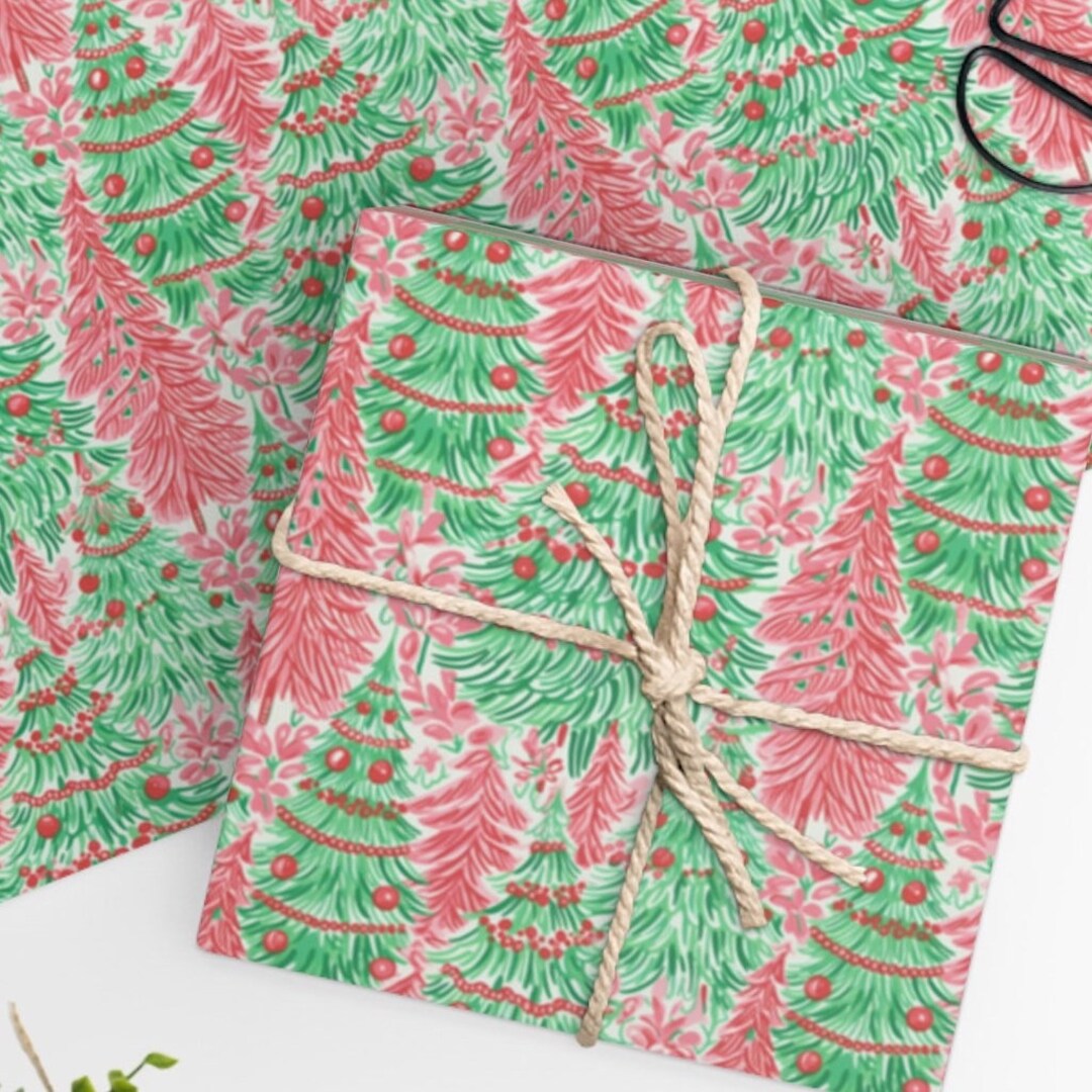 Preppy Pink and Green Christmas Trees Wrapping Paper Christmas Gift ...