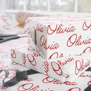 Red Cursive Letter Personalized Wrapping Paper Christmas Gifts Name ...