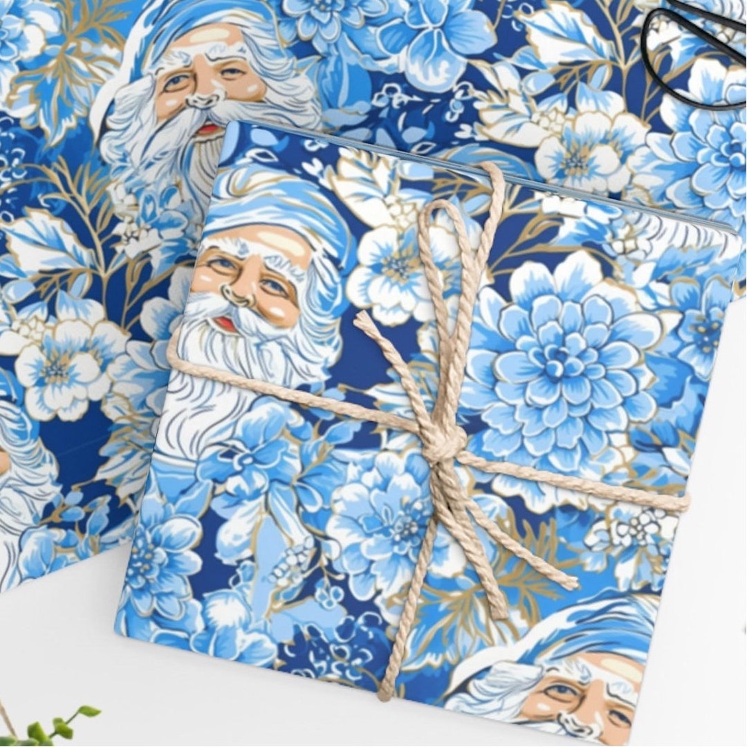 Preppy Santa Blue and White Christmas Wrapping Paper Xmas Gift Wrap ...