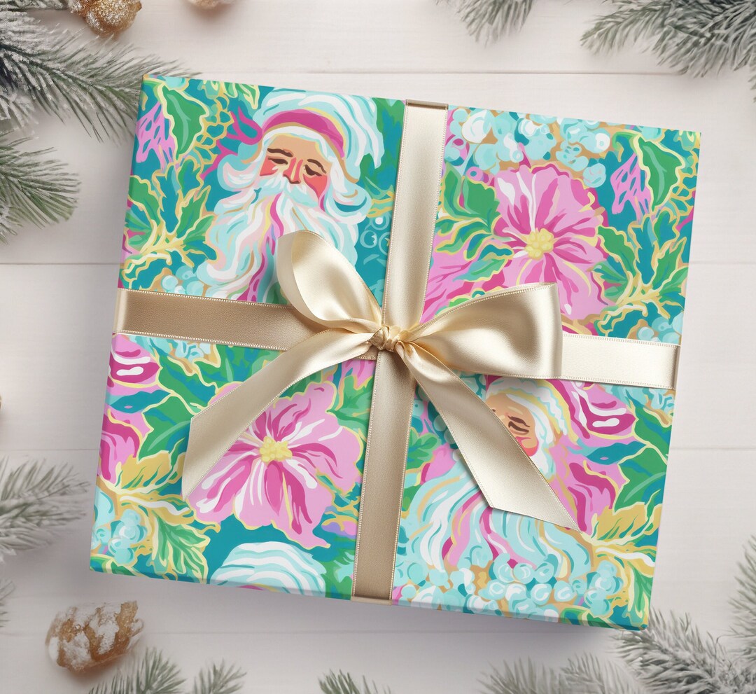 Preppy Pink Santa Christmas Wrapping Paper Christmas Gift Wrap Xmas ...