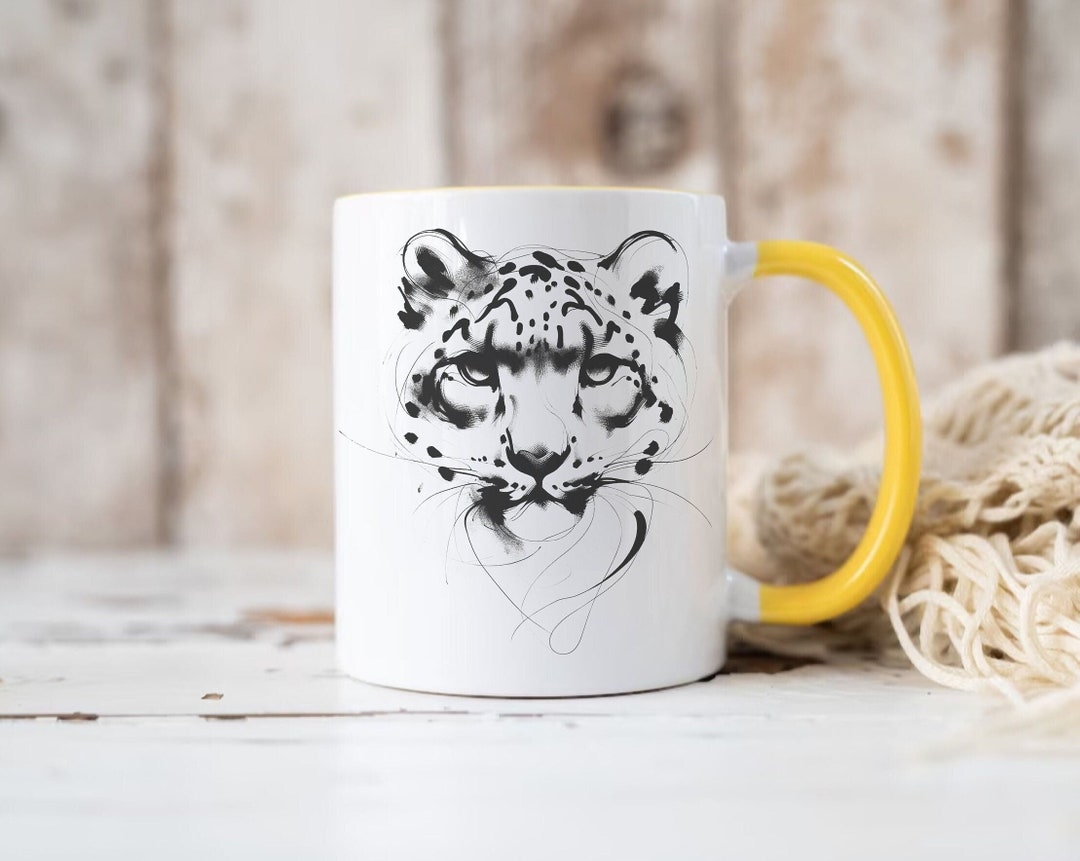Snow Leopard Mug - Choose Your Handle Color - Ink Snow Leopard Coffee ...
