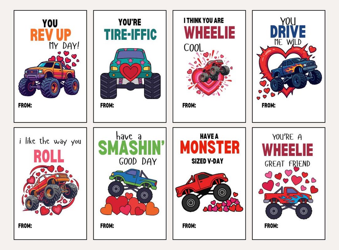 Monster Truck Valentine's Day Cards | Digital Download - Etsy