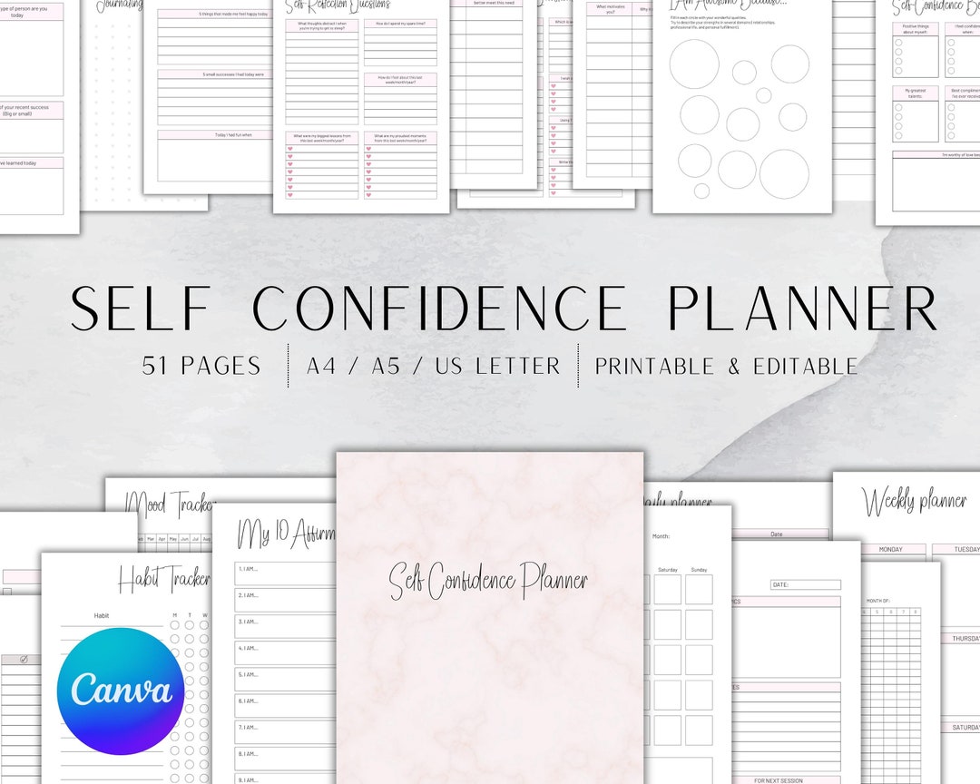 EDITABLE Self Confidence Planner Templates Canva Self Love Planner Self ...