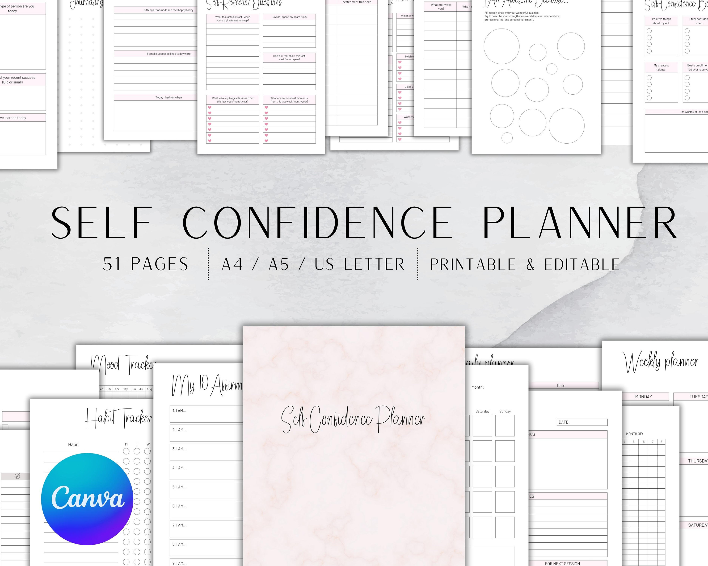 EDITABLE Self Confidence Planner Templates Canva Self Love Planner Self ...