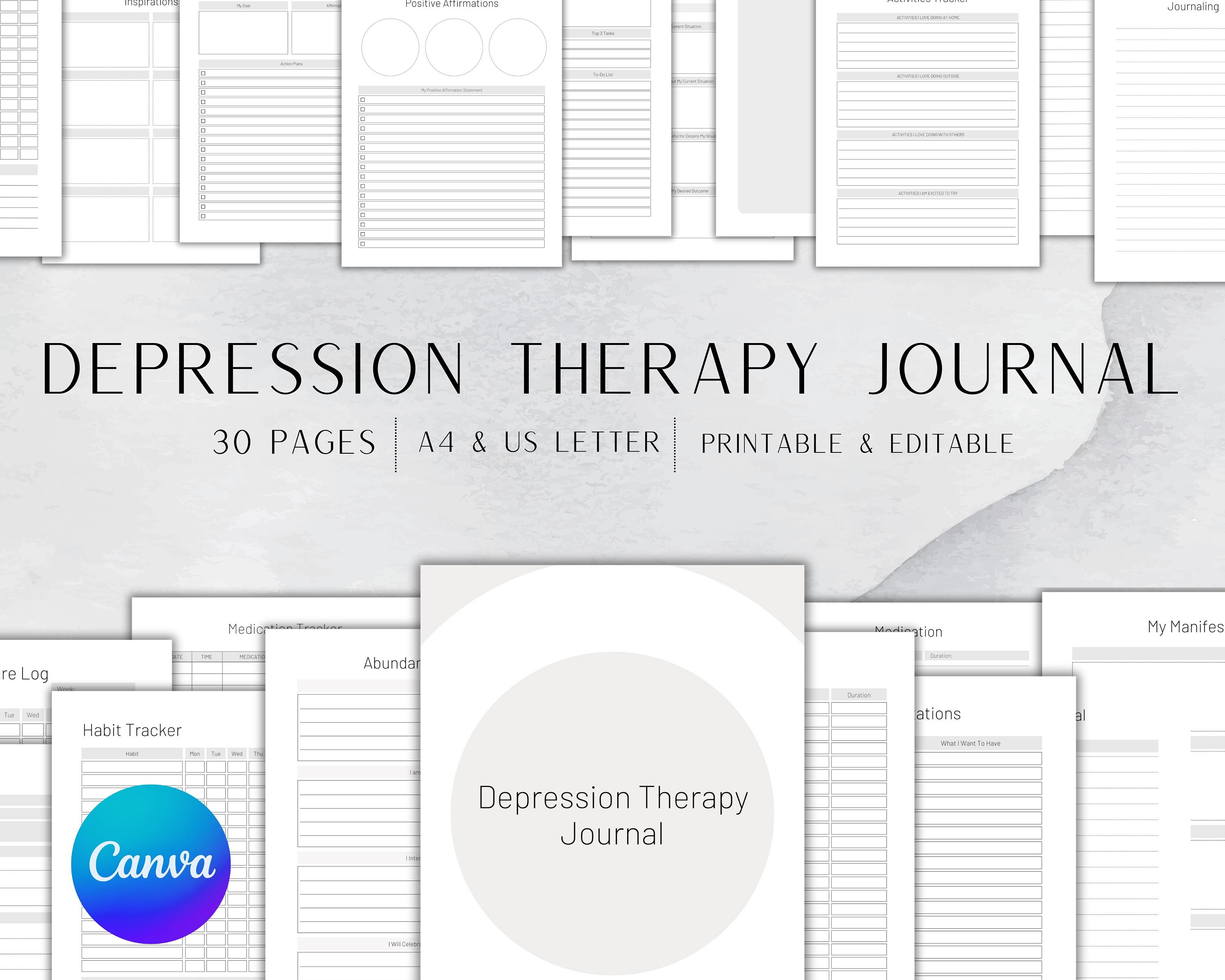 EDITABLE Depression Therapy Journal Workbook Planner Mental Health Log ...