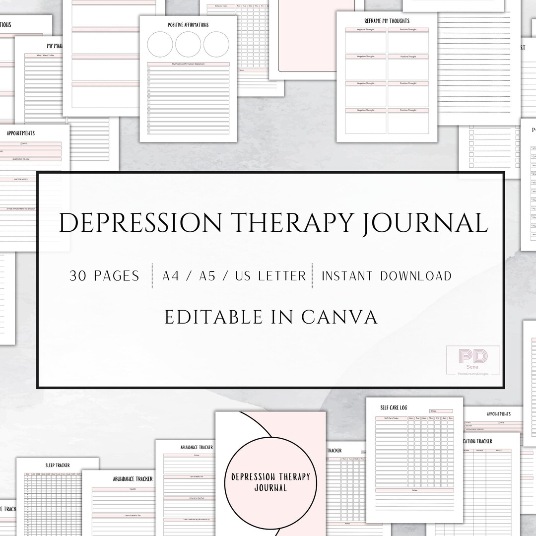 EDITABLE Depression Therapy Journal Workbook Planner Mental Health Log ...