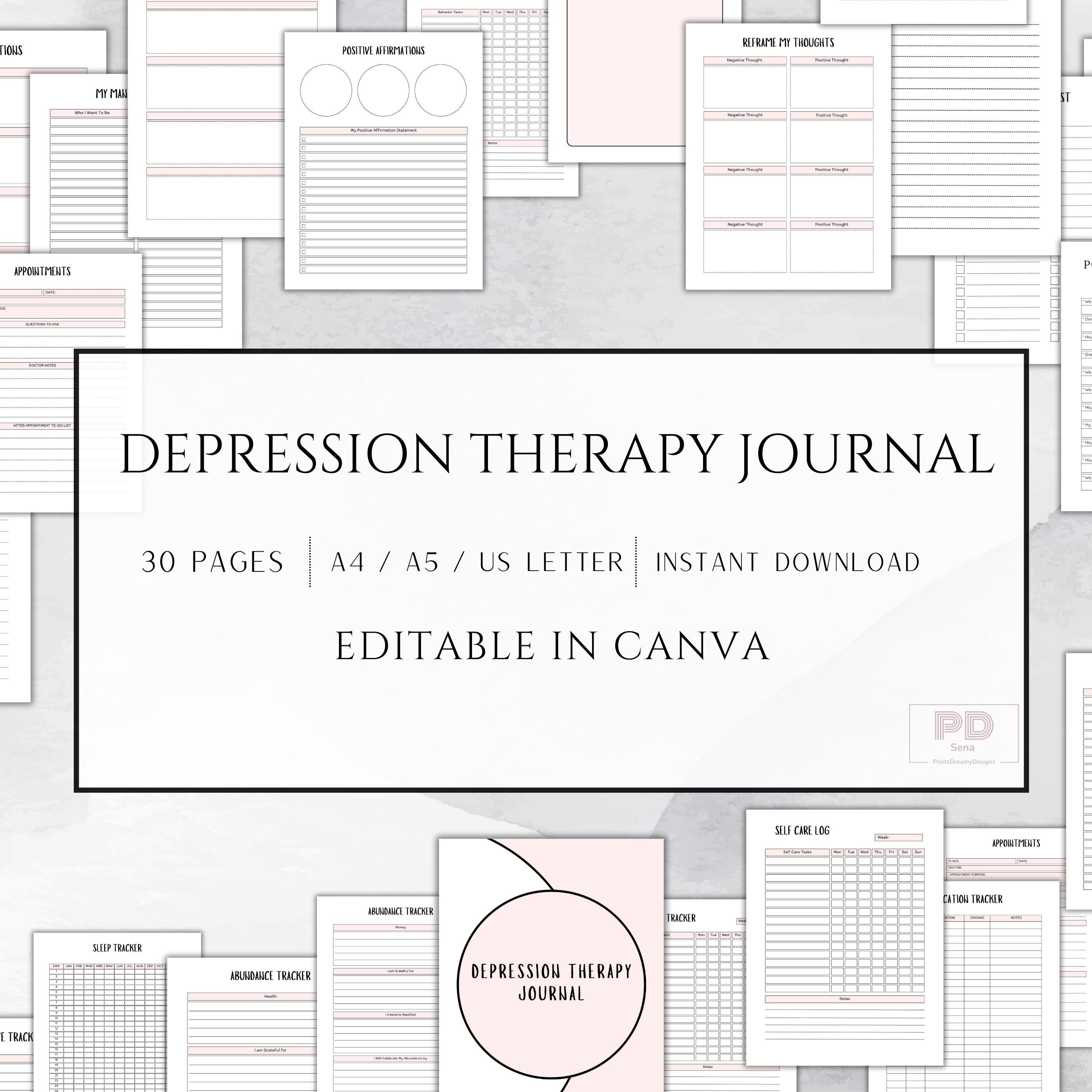 EDITABLE Depression Therapy Journal Workbook Planner Mental Health Log ...