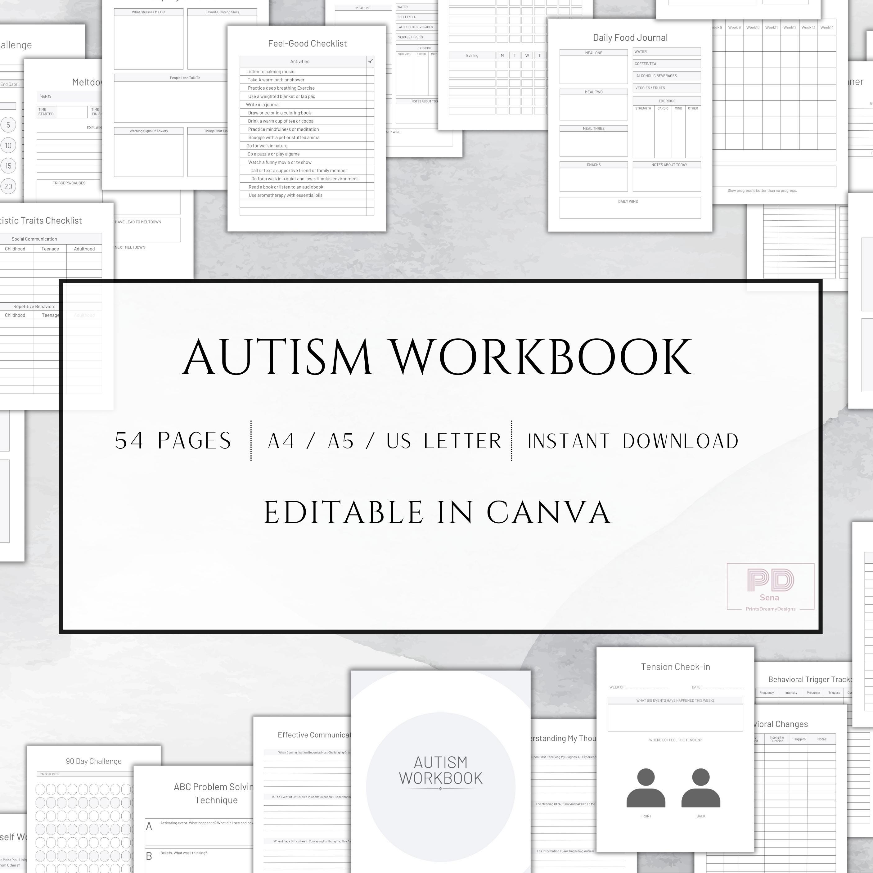 EDITABLE Autism Workbook Canva Autistic Planner Journal for Adults and ...