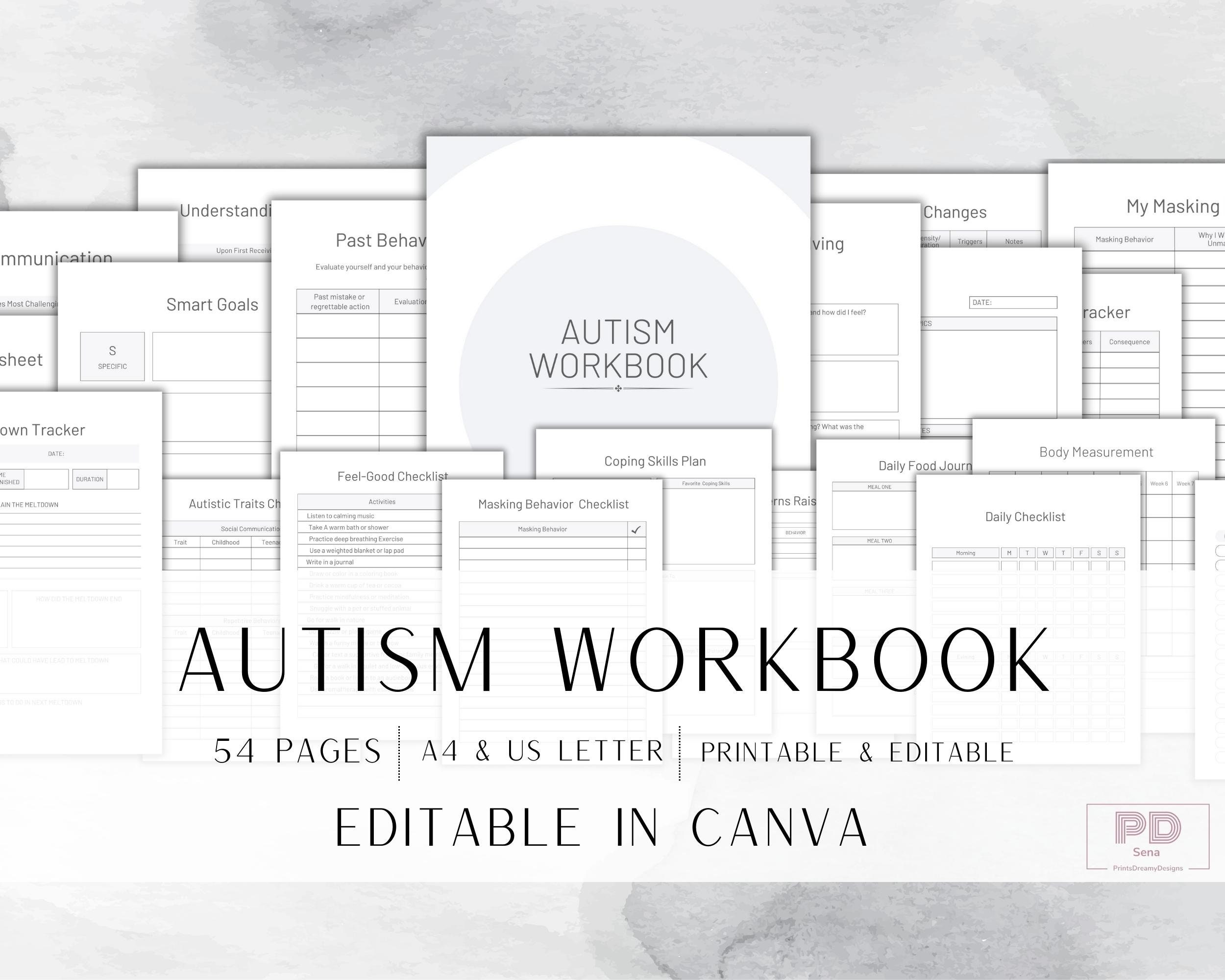 EDITABLE Autism Workbook Canva Autistic Planner Journal for Adults and ...