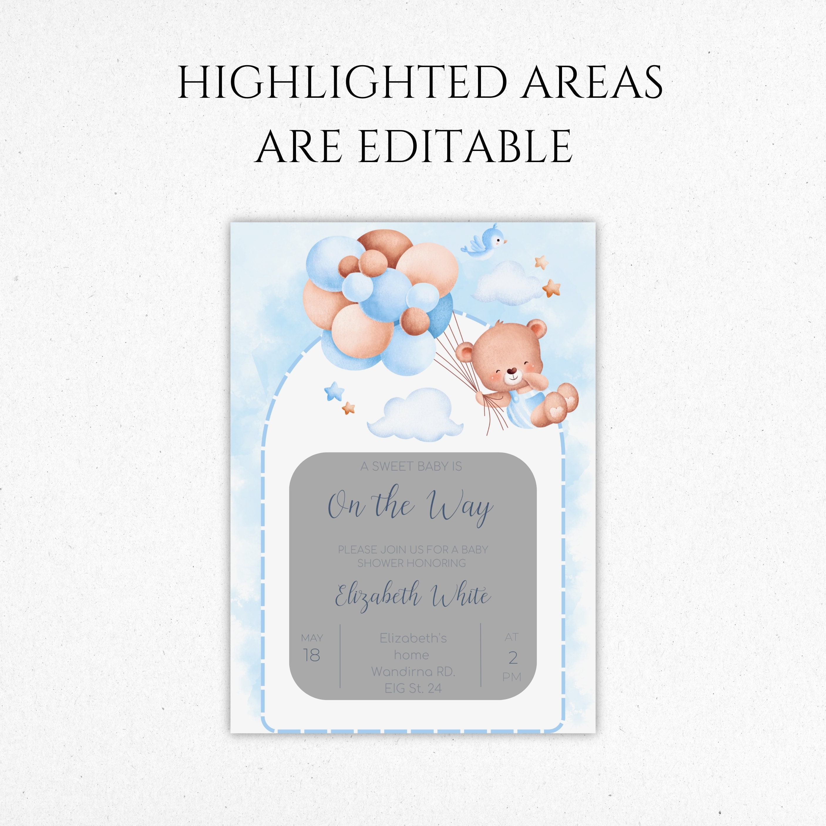 Baby Shower Invitation Canva Templates Balloons Teddy Bear Editable ...