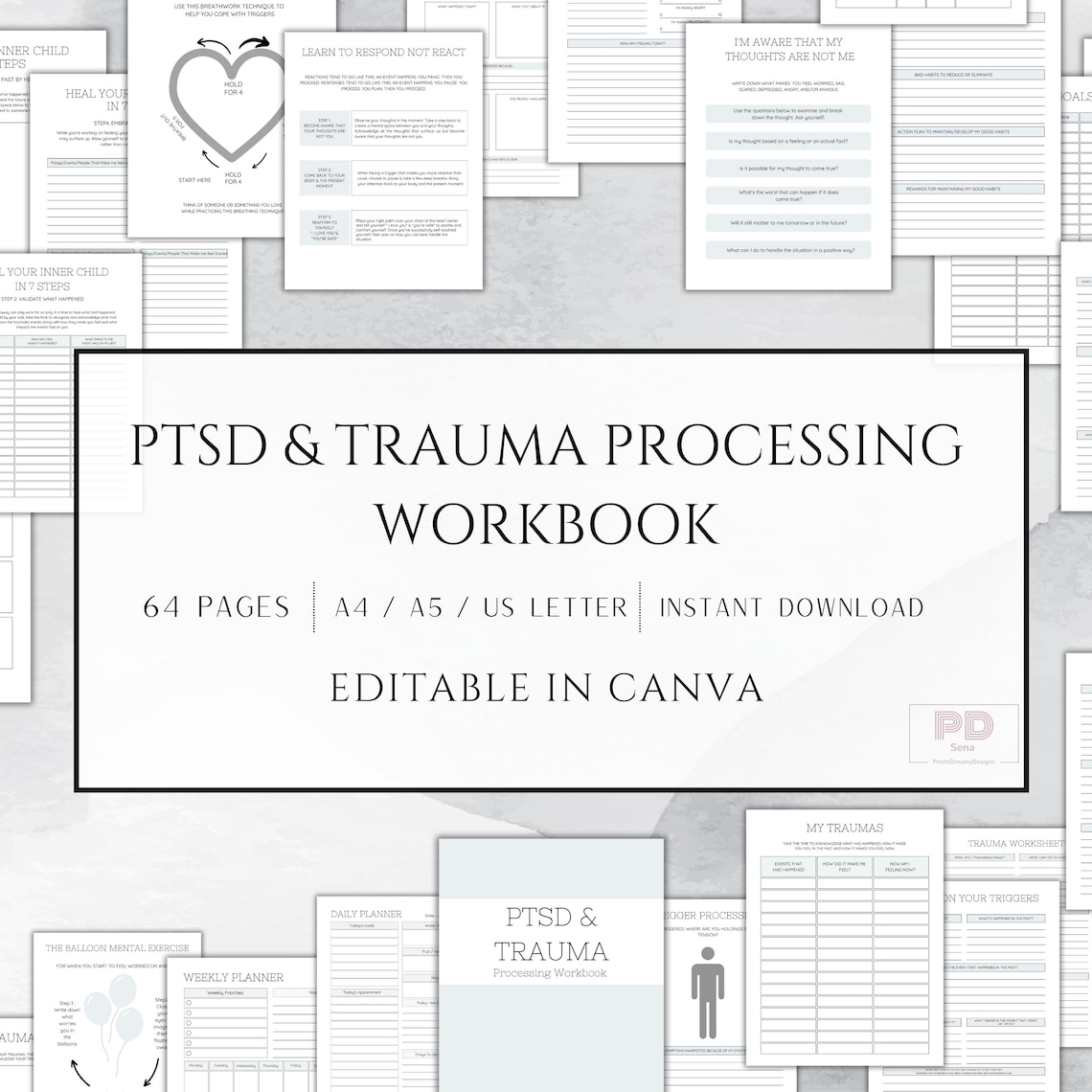 EDITABLE PTSD & Trauma Processing Worksheets Workbook Therapy Safety ...