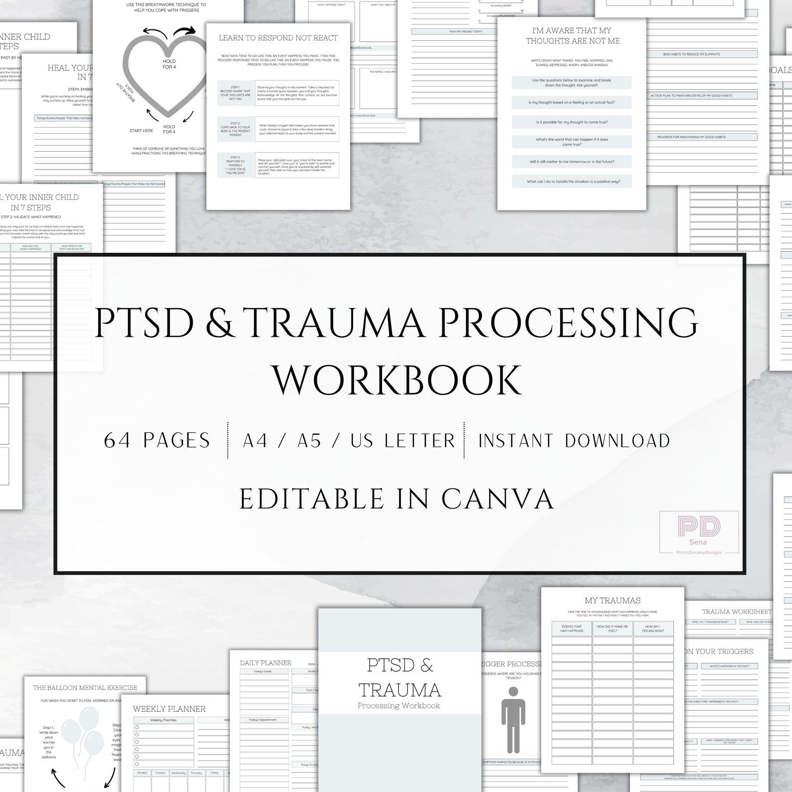 EDITABLE PTSD & Trauma Processing Worksheets Workbook Therapy Safety ...
