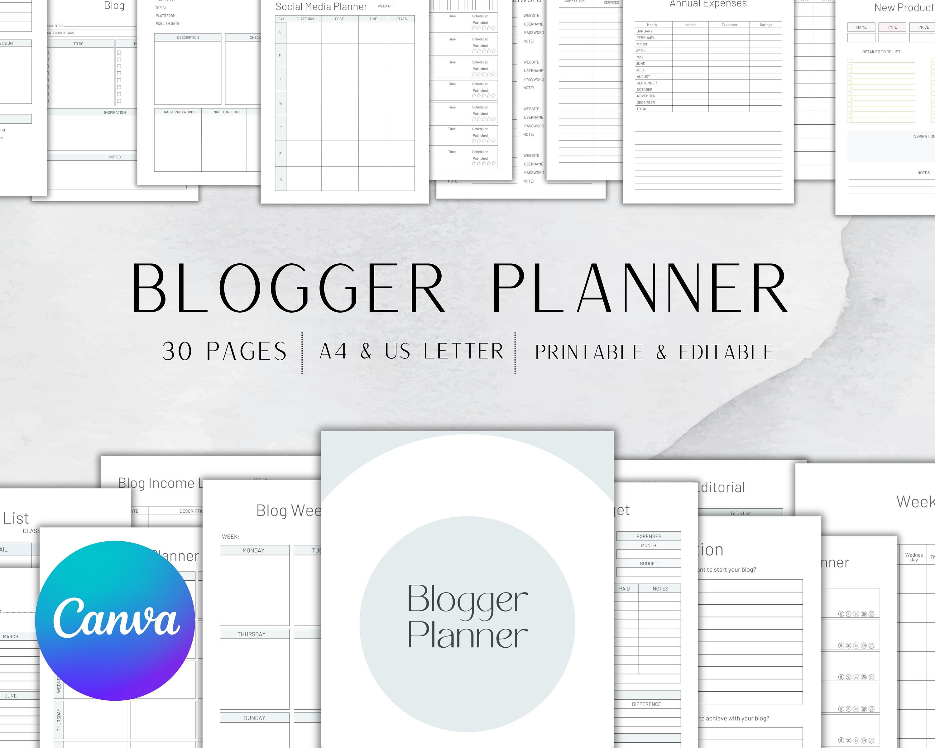 EDITABLE Blogger Planner Blog Planner PDF Digital Blogging Budget Planner Monthly Weekly Content ...