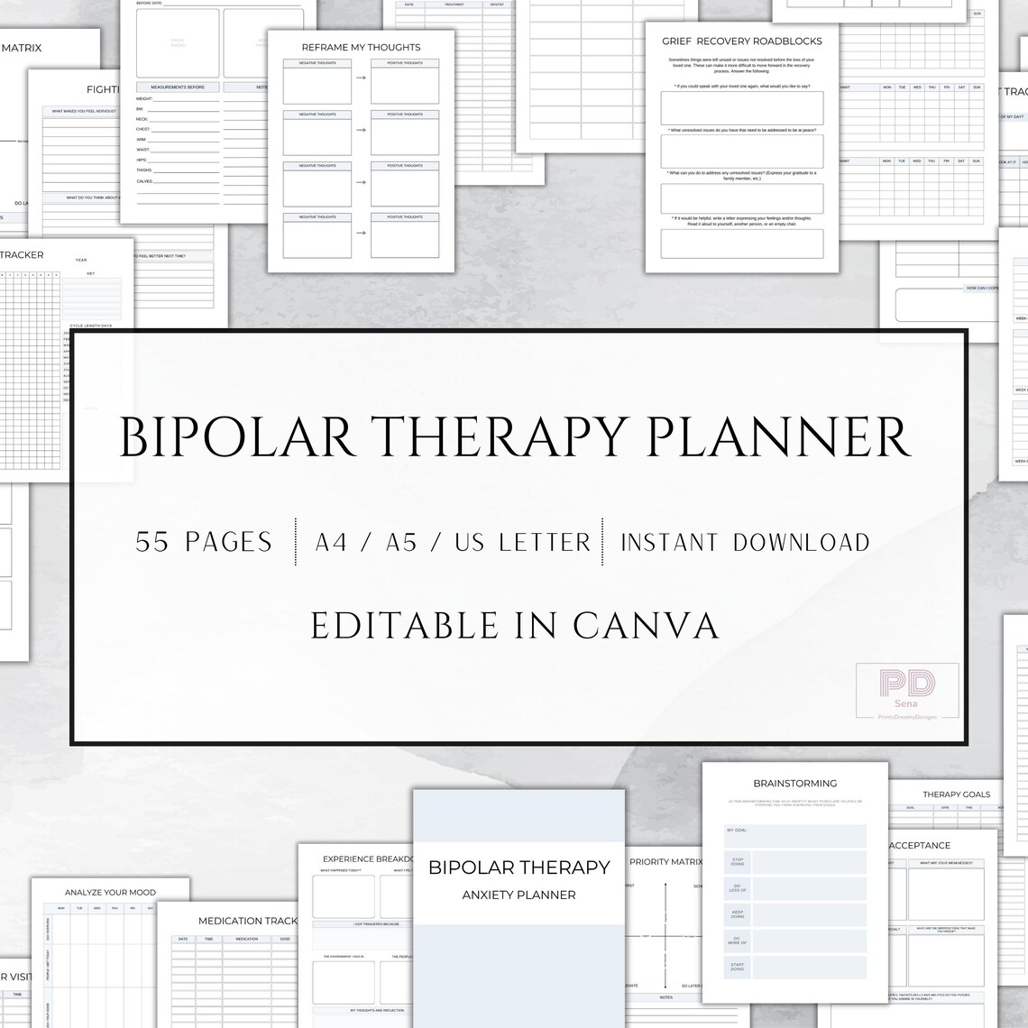 Bipolar & Anxiety Therapy Planner: Mental Health Workbook (digital ...