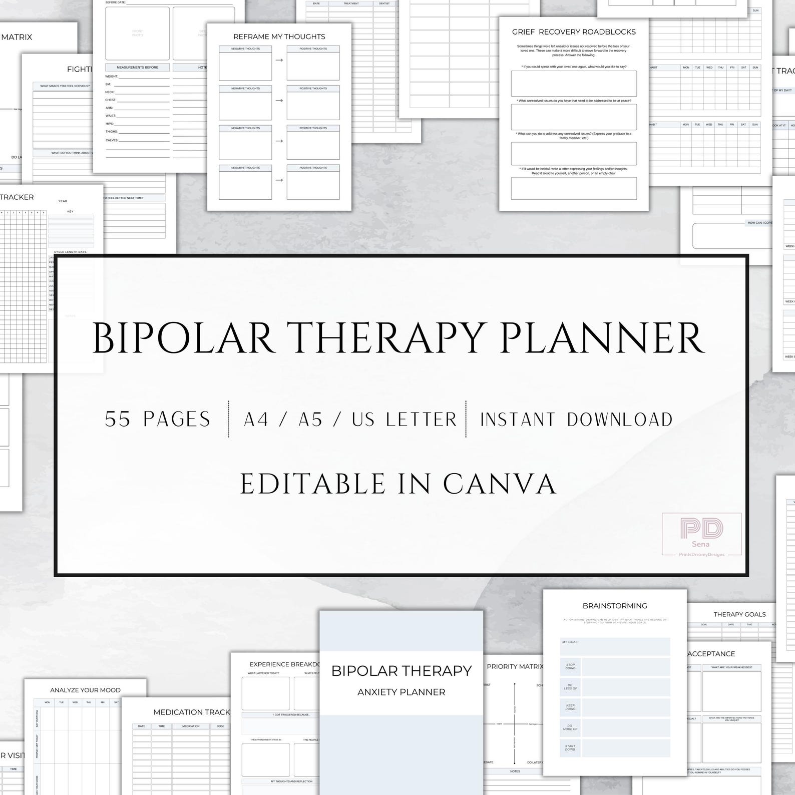 Bipolar & Anxiety Therapy Planner: Mental Health Workbook (digital ...