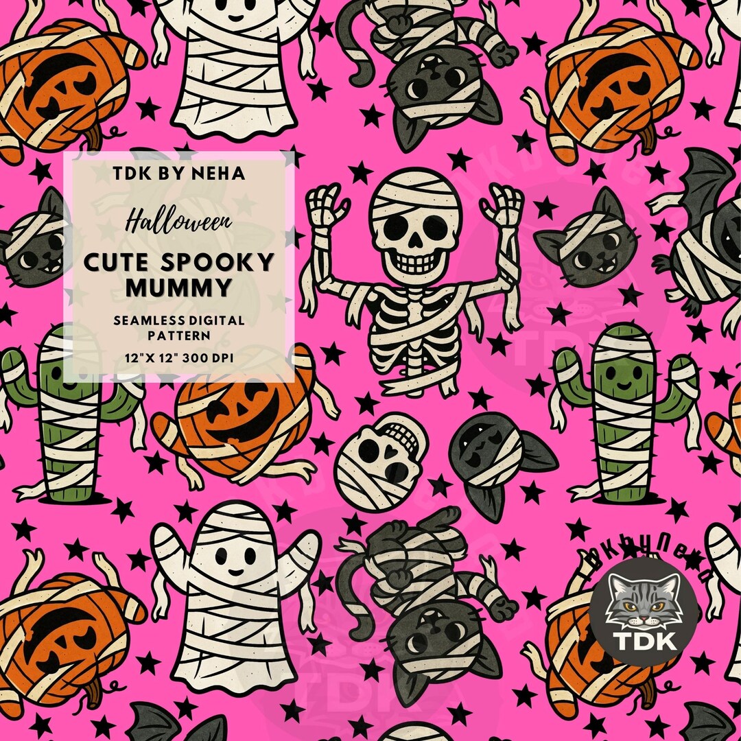 Pink Mummy Ghosts Seamless Pattern for Fabric Print, Spooky Skeleton ...