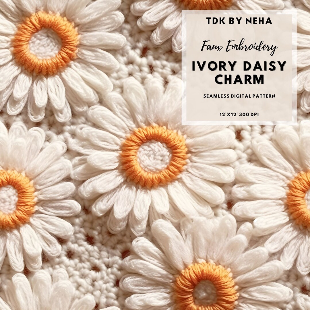 Boho Ivory Daisy Crochet Seamless Pattern, Faux Embroidery Seamless ...
