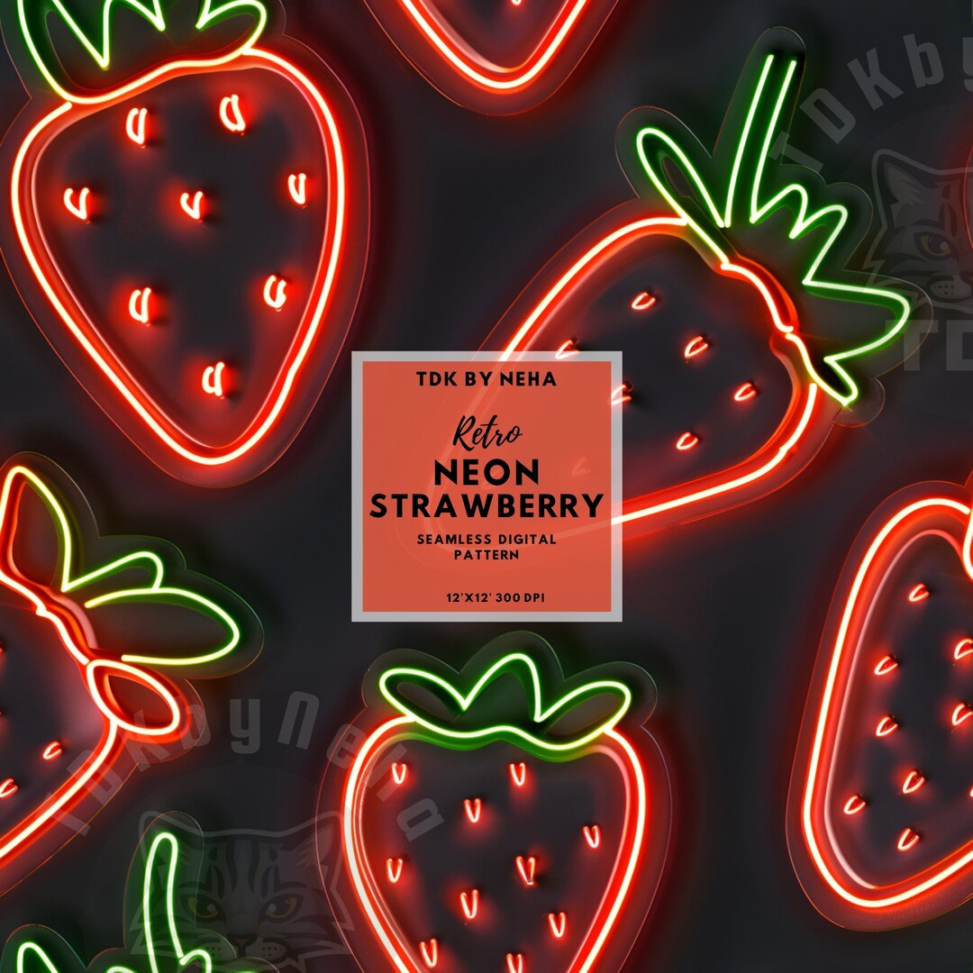 Retro Strawberry Neon Sign Seamless Digital Paper for Fabric Print ...