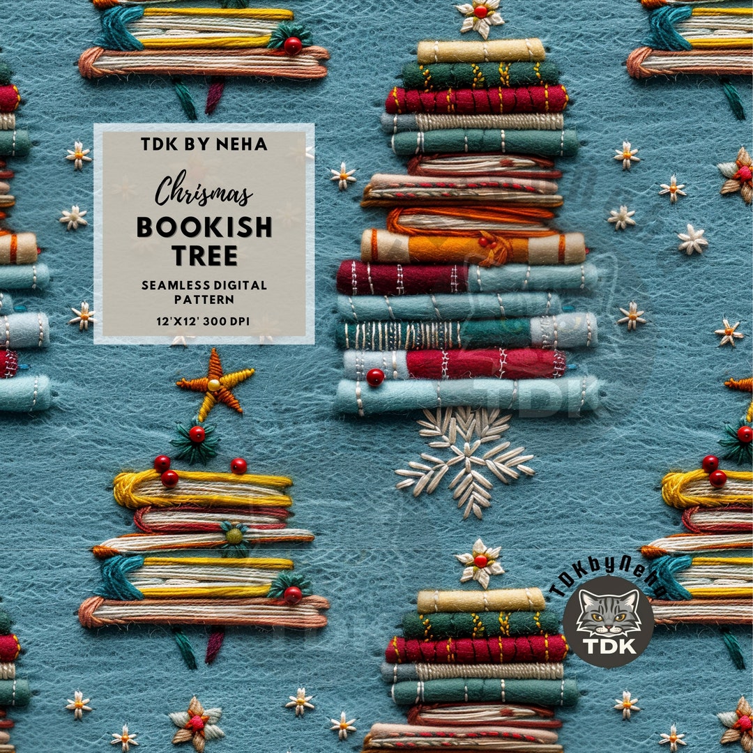 Bookish Christmas Tree Seamless Pattern Reading Contemporary Digital ...