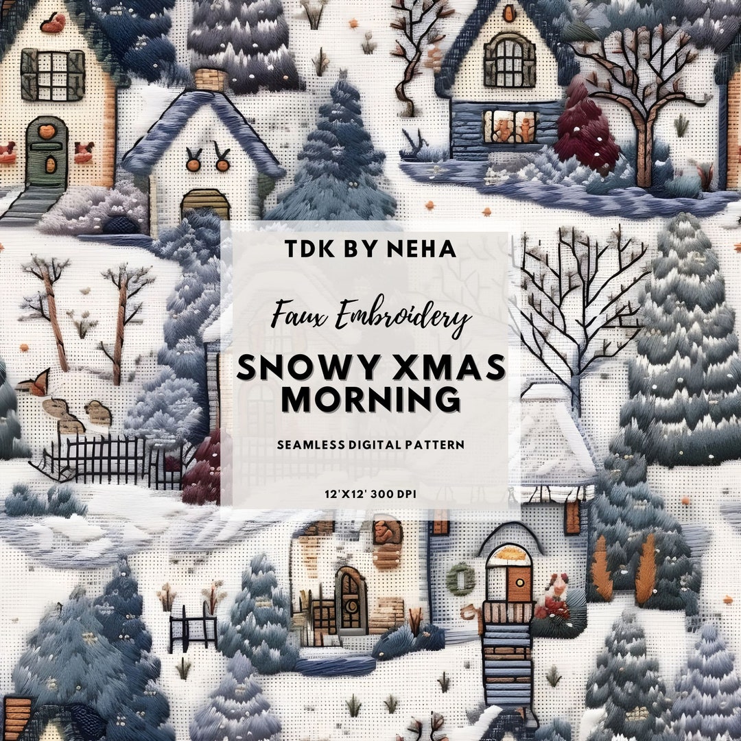 Snowy Christmas Village Seamless Pattern Faux Embroidery - Etsy