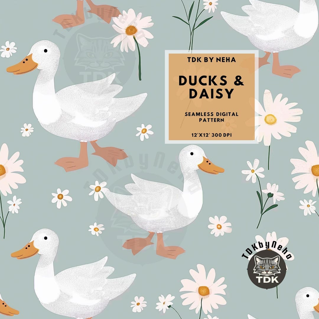 Floral Minimal Ducks Seamless Digital Pattern, Boho Duck Daisy Seamless ...