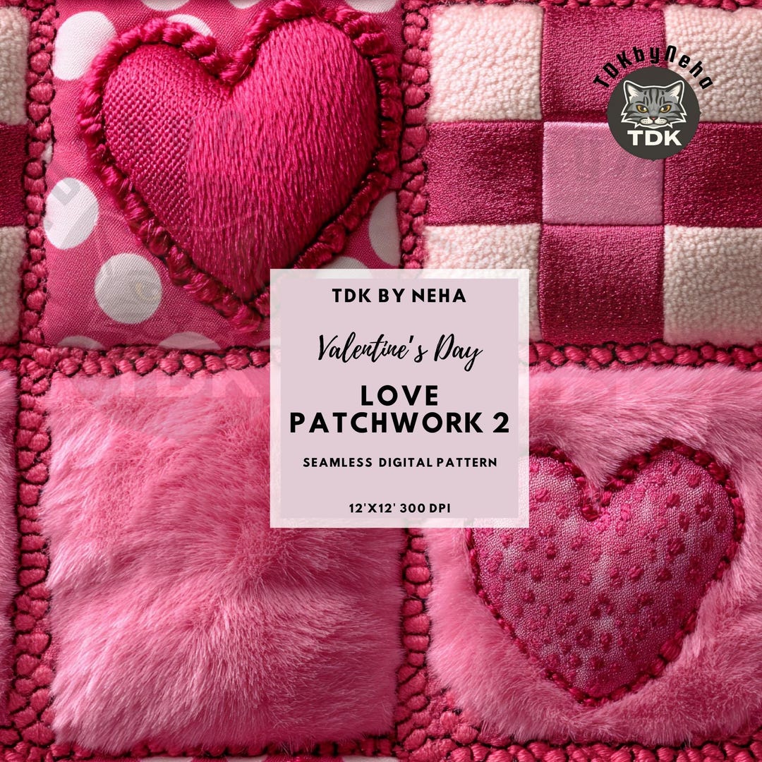 Pink Fluffy Heart Patchwork Seamless Pattern for Fabric Print, Checker Valentines Day Digital ...