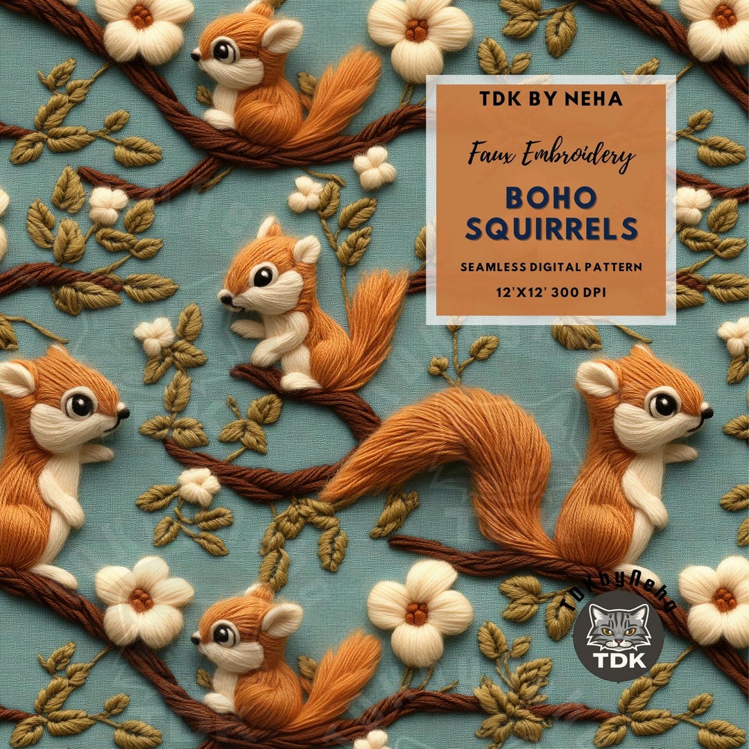 Boho Squirrel Faux Embroidery Seamless Pattern for Fabric Print 3D ...