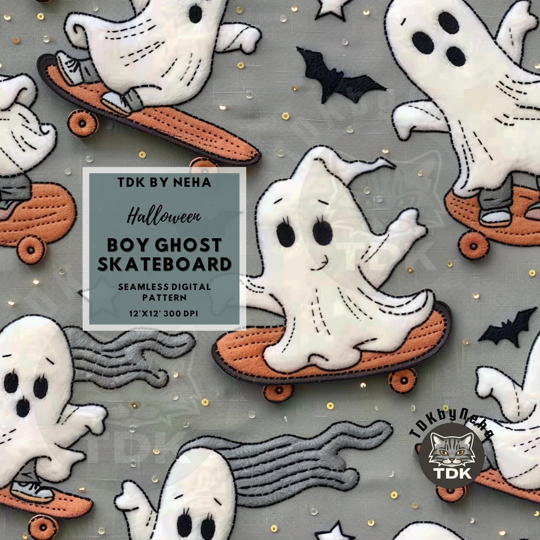 Boy Halloween Ghost Skateboard Seamless Repeat Pattern for Fabric ...
