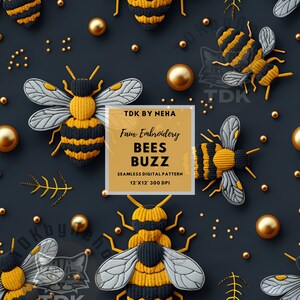 3D Honey Bees Faux Embroidery Seamless Digital Paper Fabric Print, Summer Seamless Bees Pattern ...