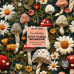 Ditsy Floral Mushroom Faux Embroidery Seamless Digital Paper for Fabric ...