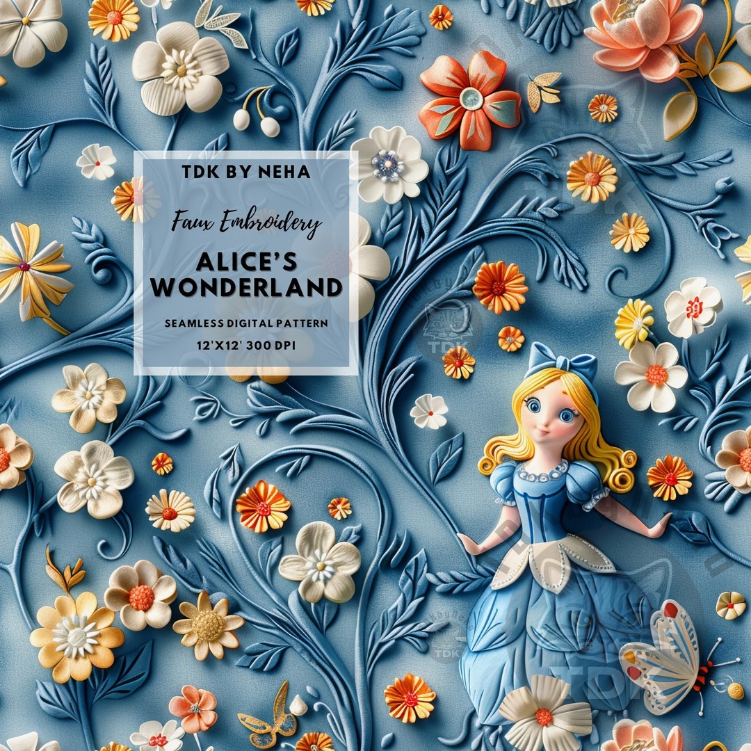 3D Alice Wonderland Faux Embroidery Seamless Digital Paper for Fabric ...