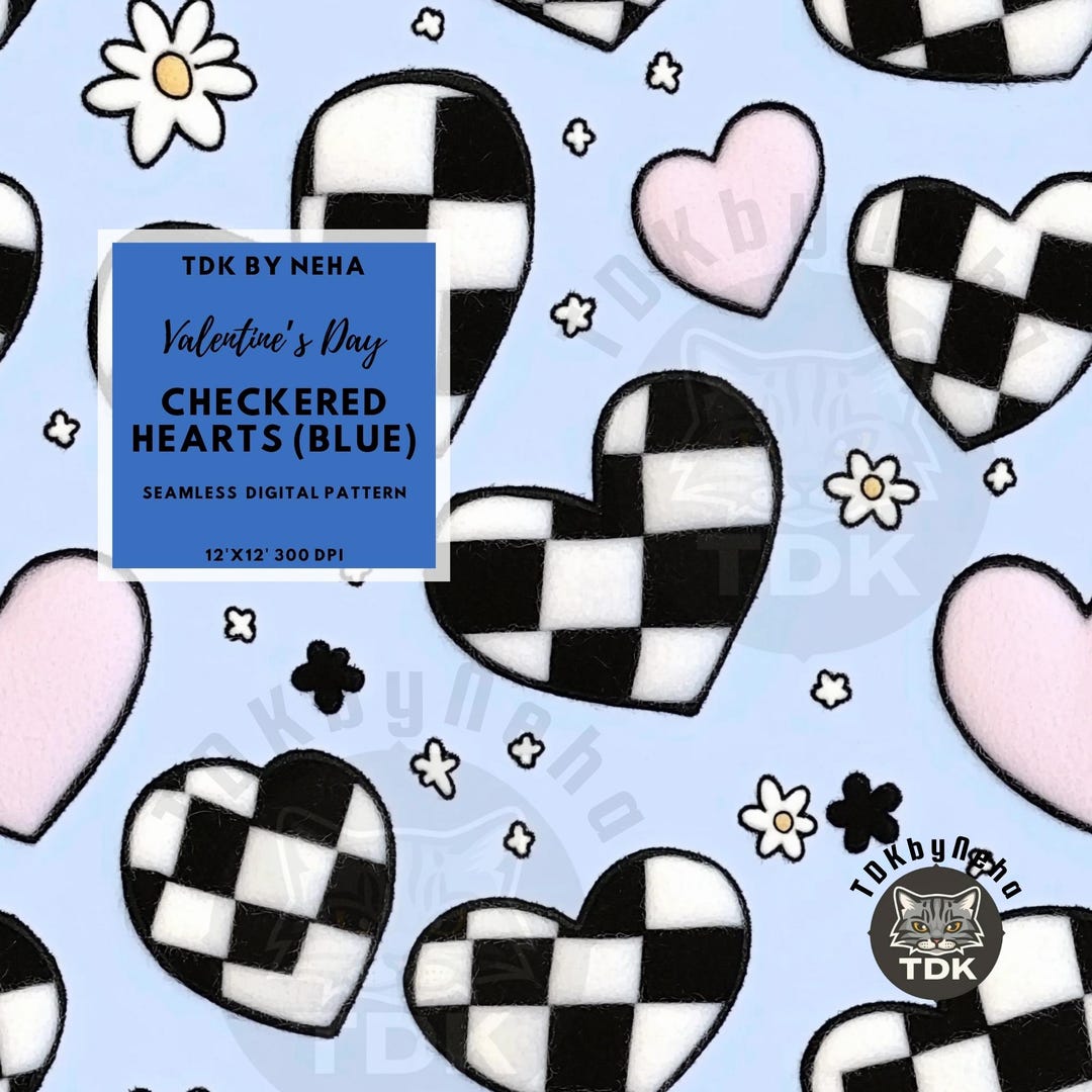 Retro Valentines Checker Hearts Embroidery Seamless Pattern, Pastel ...
