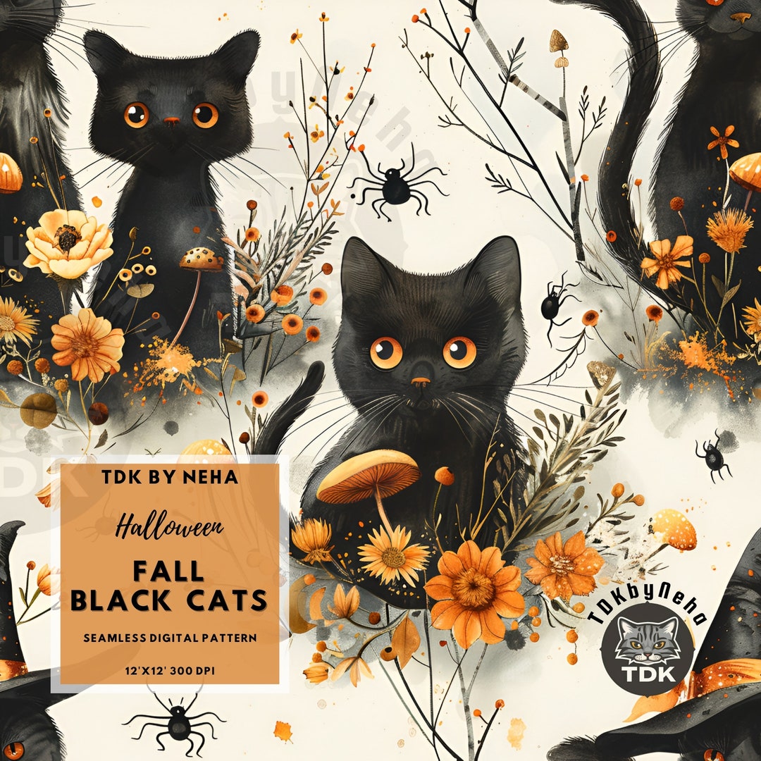 Fall Black Cats Seamless Faux Embroidery Digital Paper Fabric Print ...