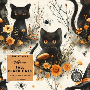 Fall Black Cats Seamless Faux Embroidery Digital Paper Fabric Print ...