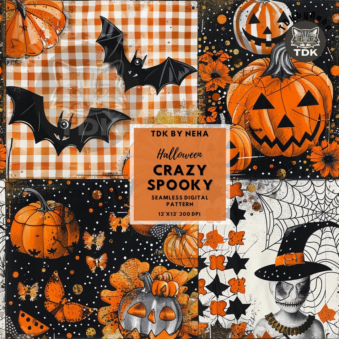 Retro Crazy Spooky Halloween Patchwork Seamless Digital Paper for ...
