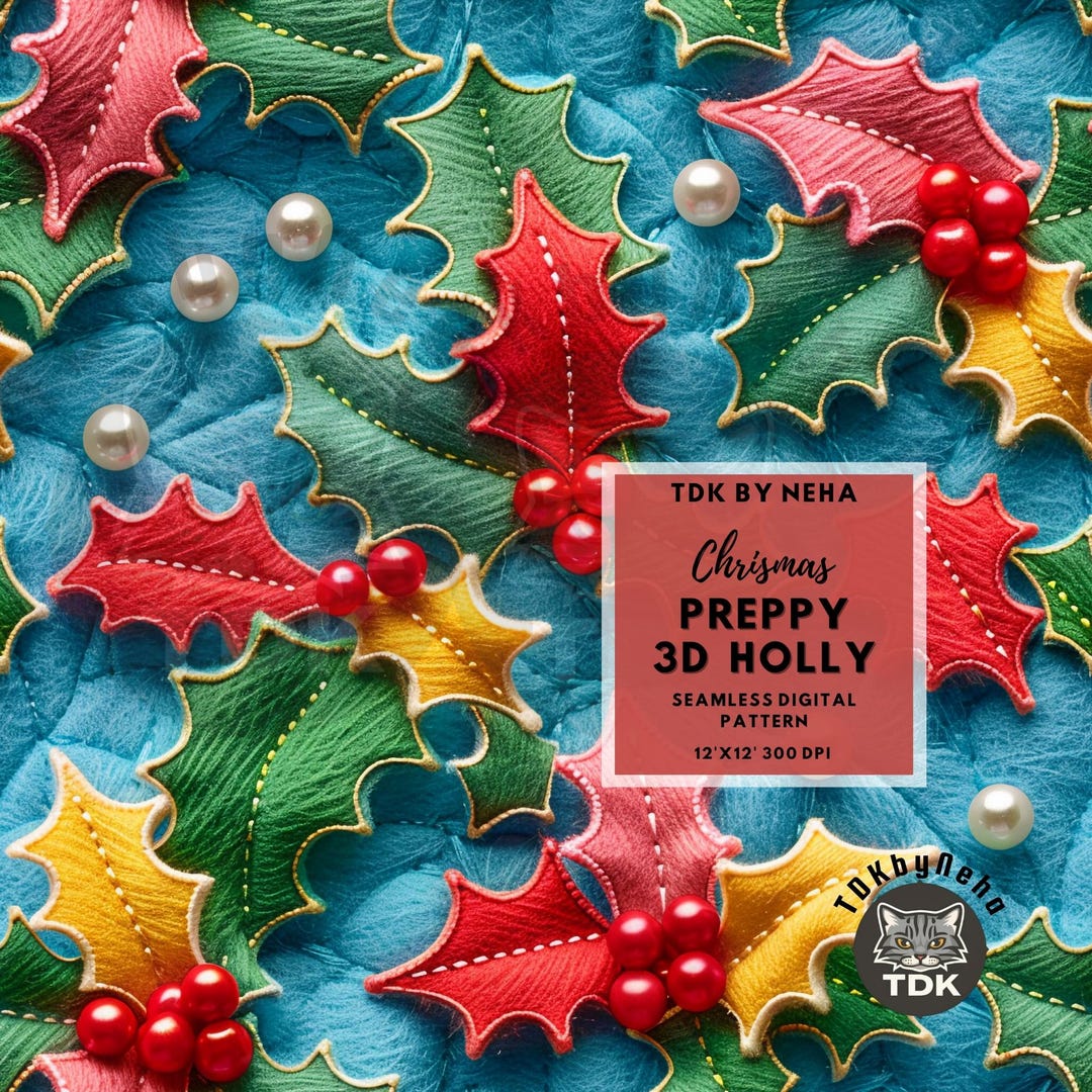 Preppy Christmas Holly Embroidery Seamless Digital Paper for Fabric ...