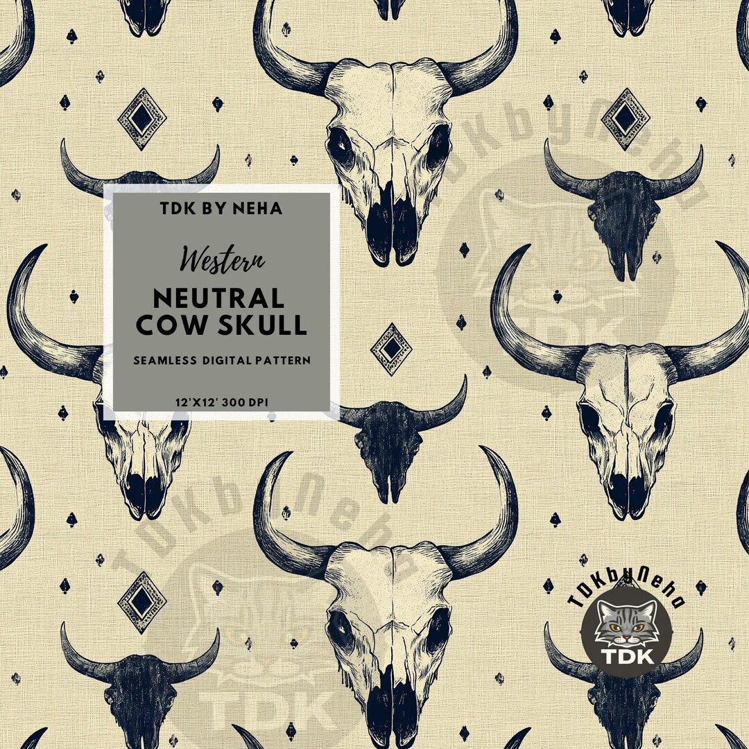 Neutral Western Cow Skull Seamless Digital Paper for Fabric Print ...