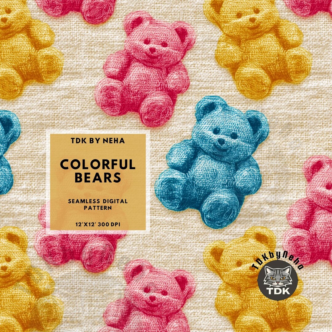 Colorful Gummy Bear Seamless File, Neon Teddy Bear Digital Paper for ...