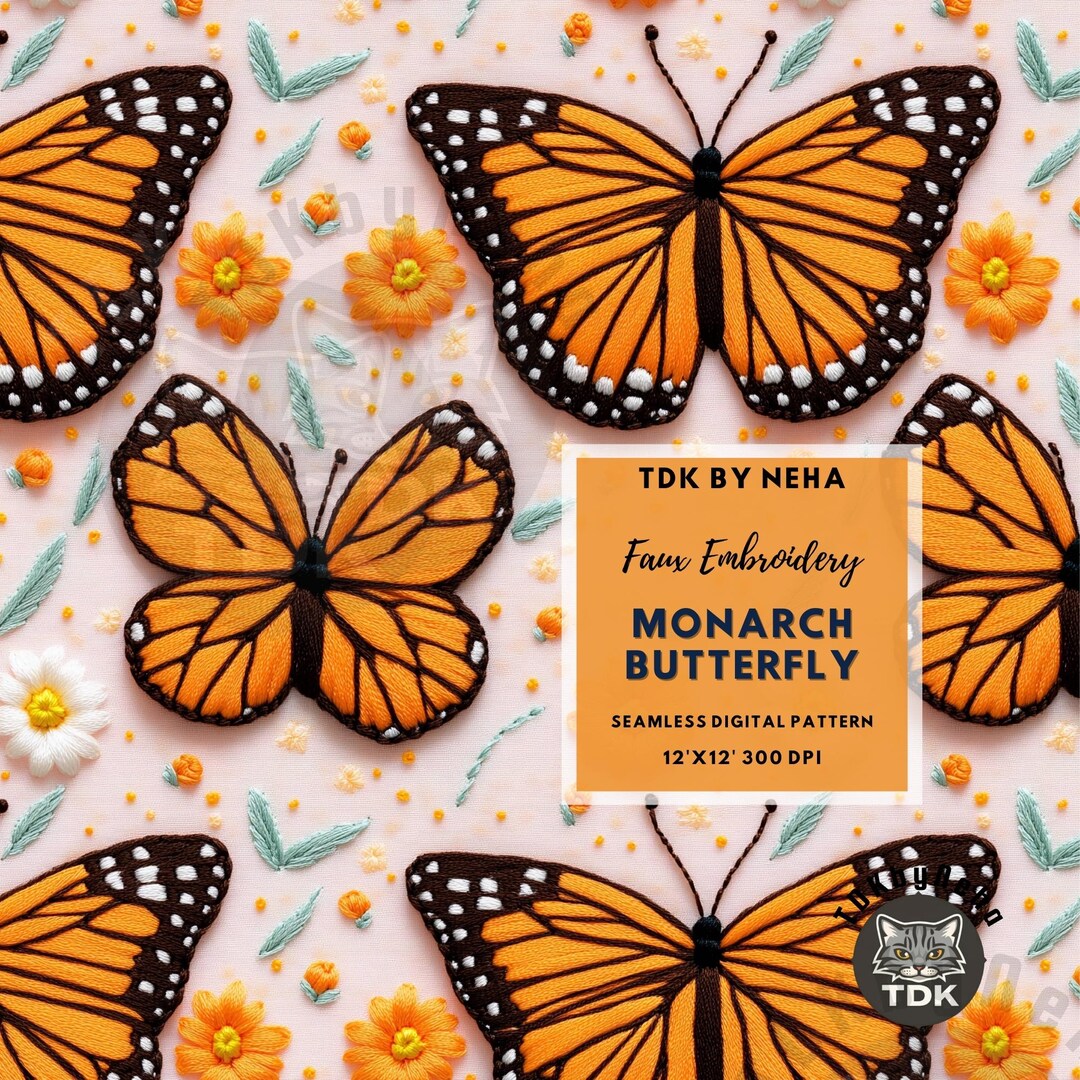 3D Monarch Butterfly Embroidery Seamless Pattern Digital Paper for ...