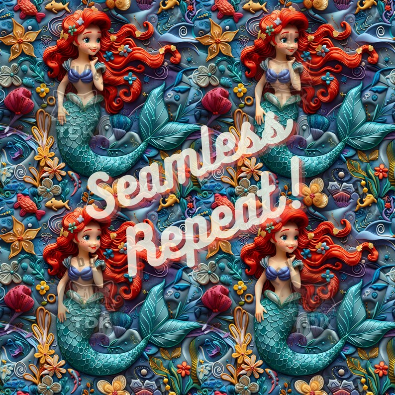 Mermaid Princess Faux Embroidery 3D Seamless Digital Paper Fabric Print ...