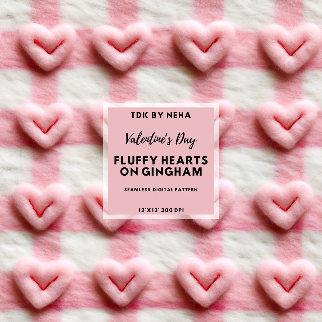 Fluffy Hearts Valentine's Day Seamless Pattern, Cozy Love Pink Gingham ...